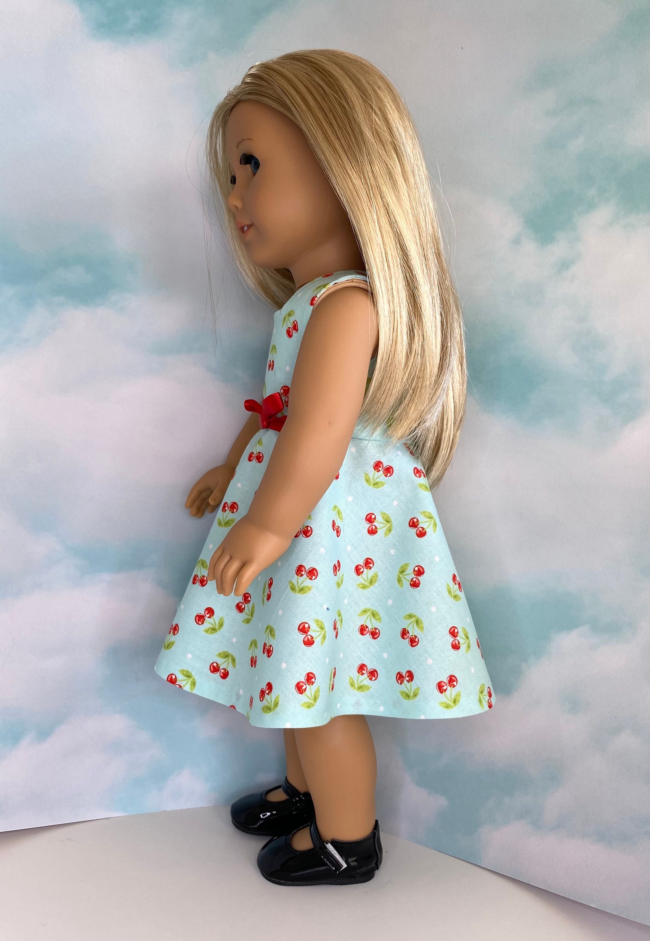 18 Inch Doll Dress Small Cherry Print on Aqua Fabric. Designed and Made ...