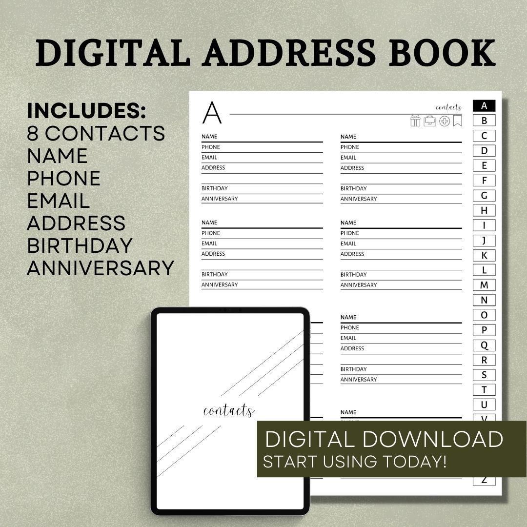 Digital Address Book, Contact List, Address Book Printable, Contact ...