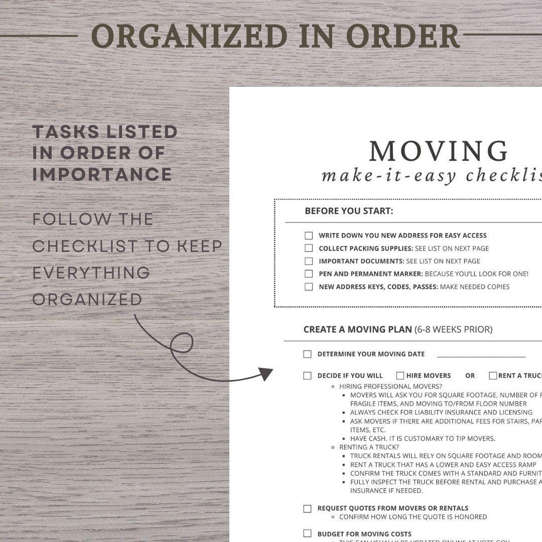 Moving Checklist Easy Moving Kit Help Me Move Checklist Downsizing ...