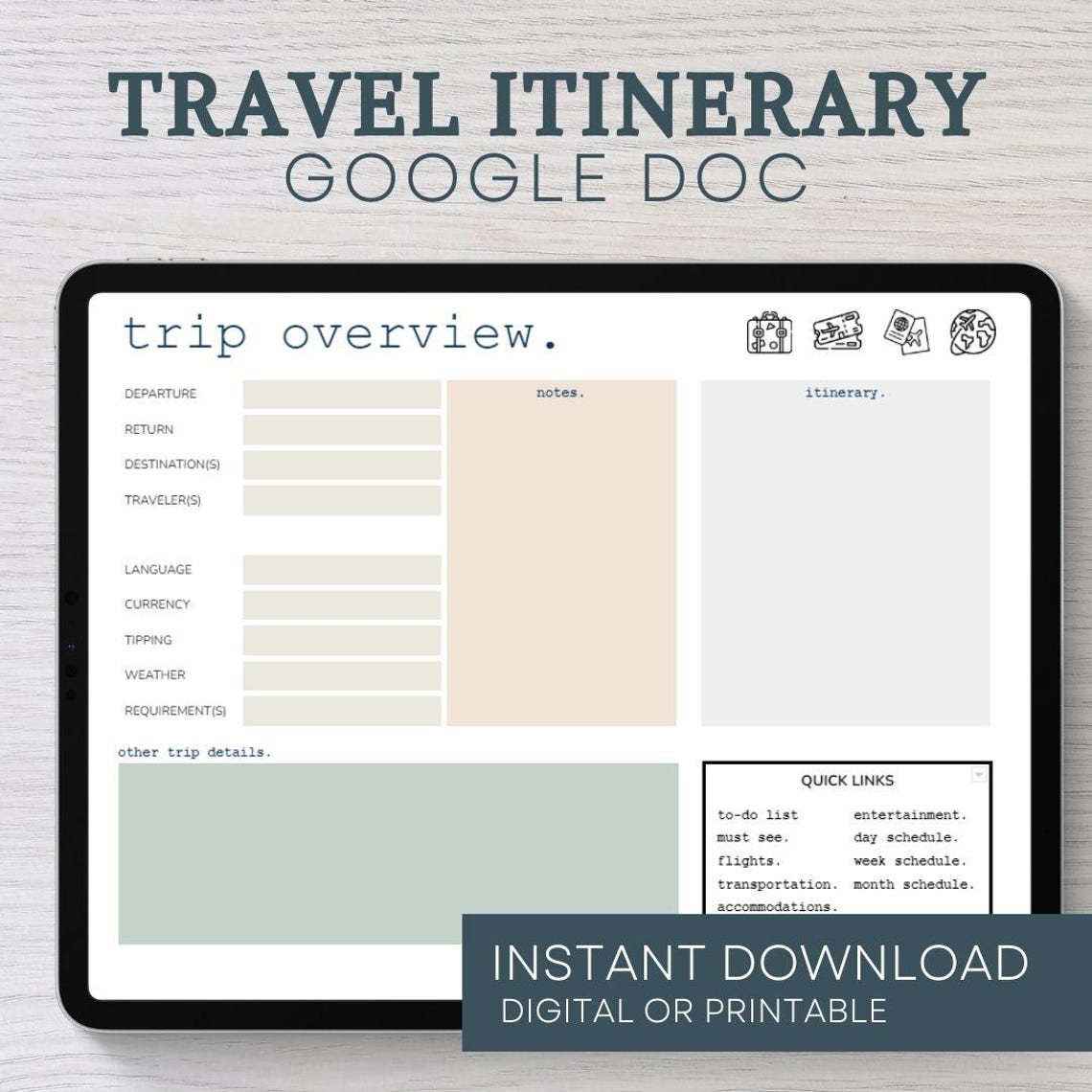 Digital Travel Planner Google Docs Travel Itinerary Digital Vacation ...