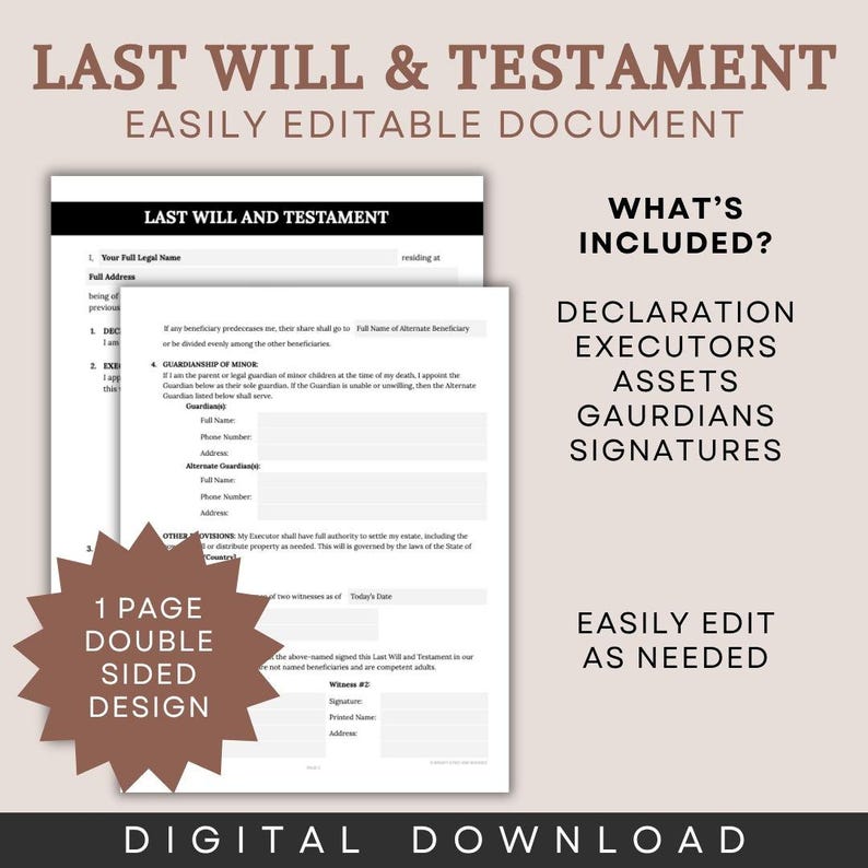 Simple Last Will and Testament Template Editable Will Template for Will ...