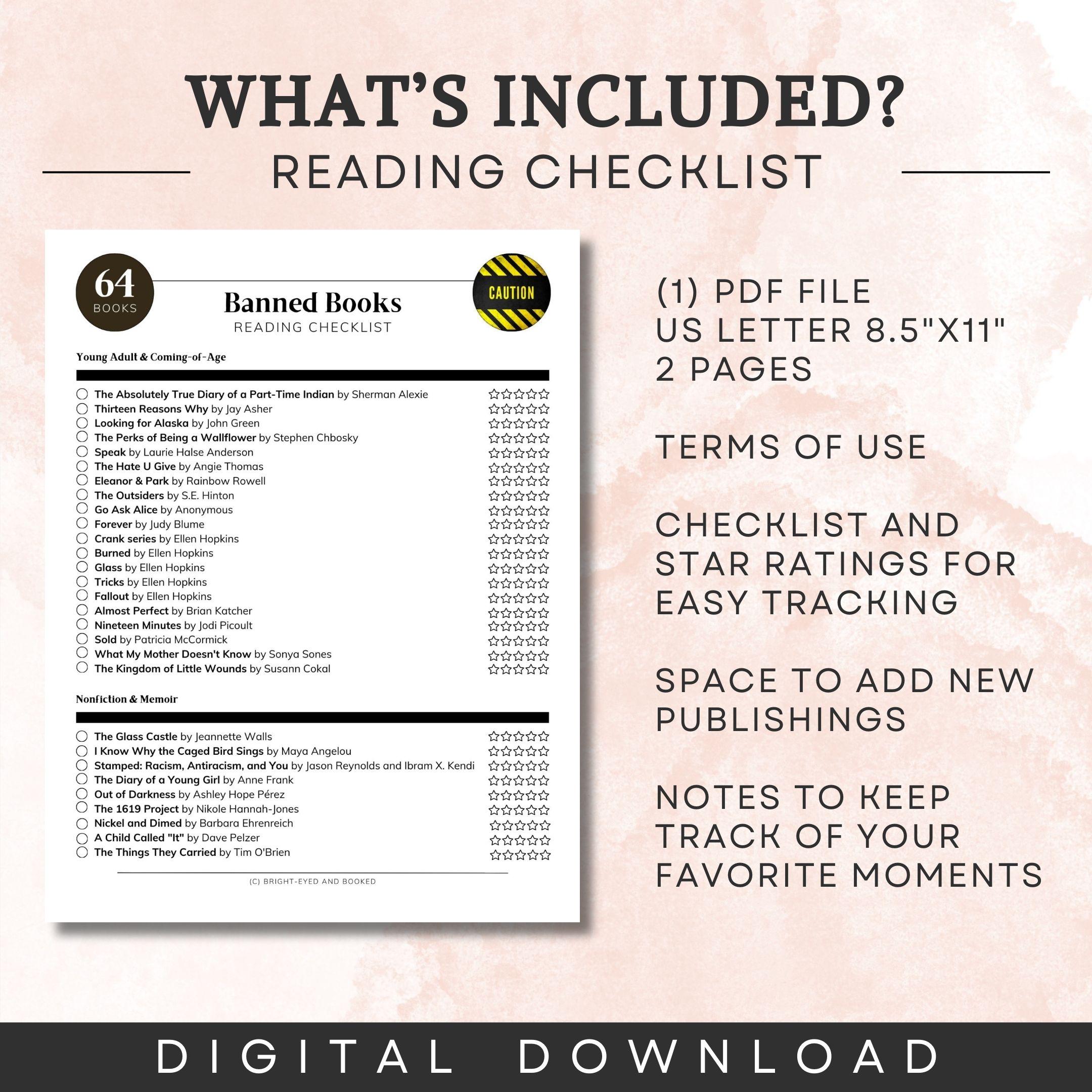 Banned Books Reading Checklist Book Tracker Bookshelf Reading Log ...