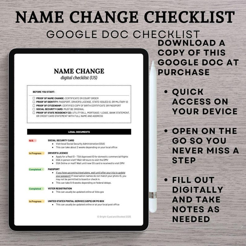 Name Change Checklist Bride Name Change Kit Divorced Name Change My ...