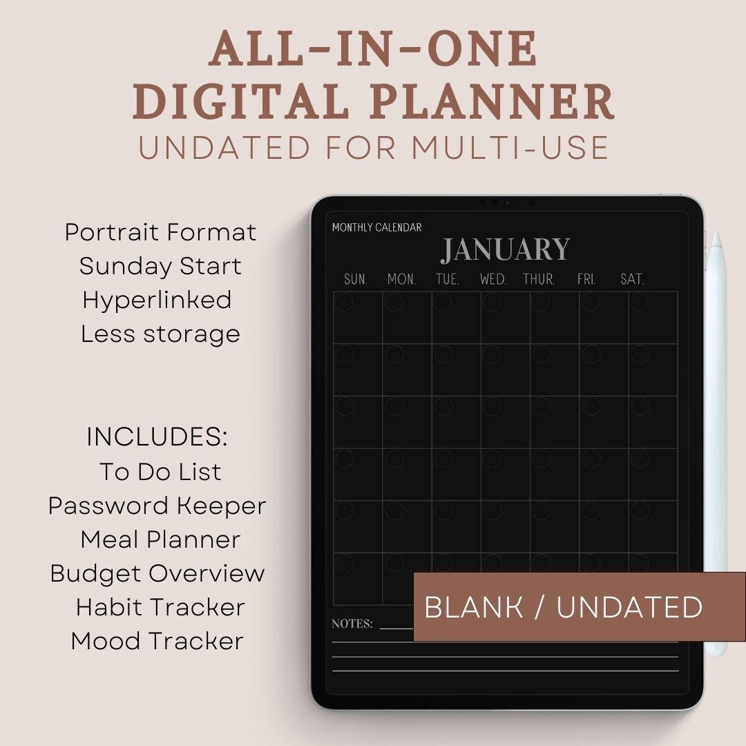 All in One Digital Planner Dark Digital Planner Undated Personal ...