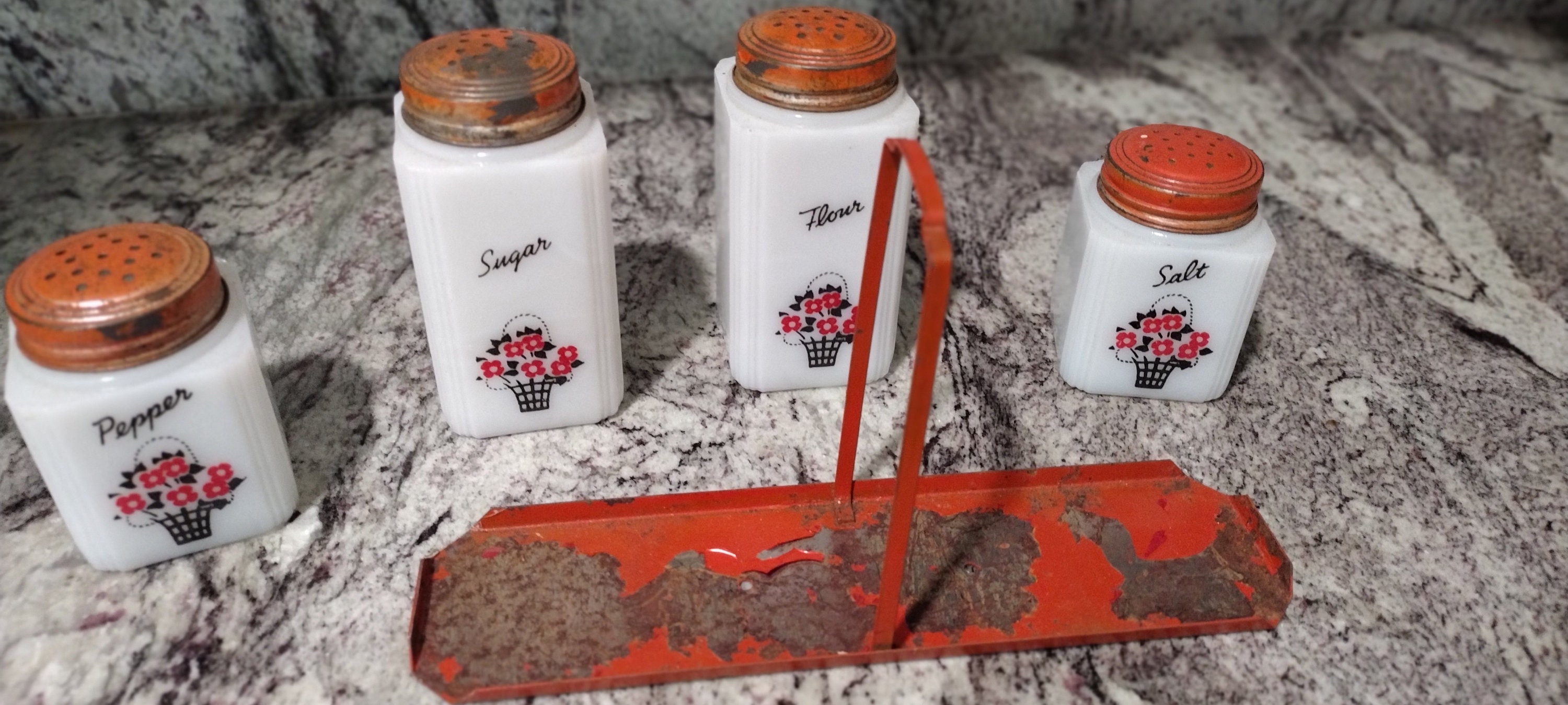 Vintage Tipp Co Milk Glass Flower Basket Shaker Set Metal Stand Salt ...