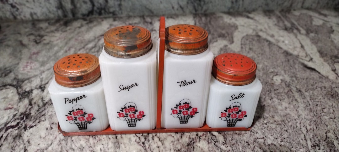 Vintage Tipp Co Milk Glass Flower Basket Shaker Set Metal Stand Salt ...