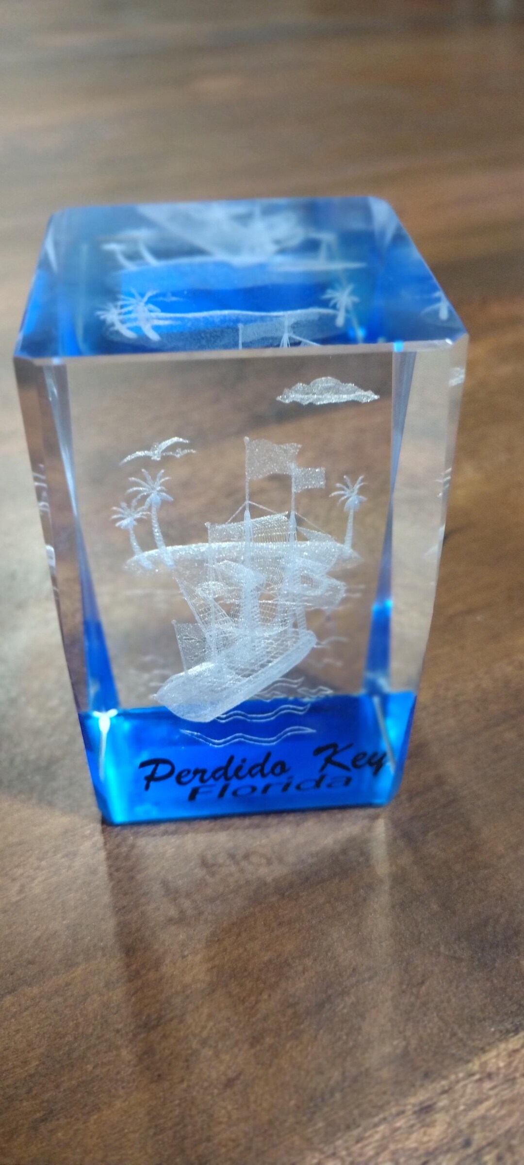 Vintage 3D Laser Etched Glass Cube Heavy Paperweight Sailing Ship ...