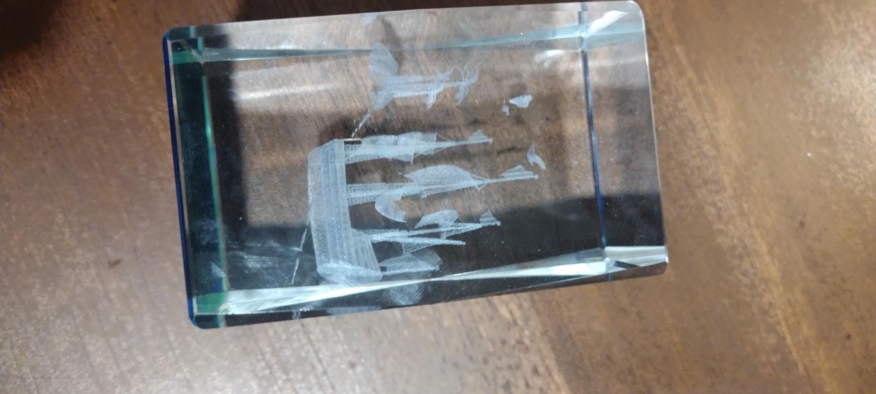 Vintage 3D Laser Etched Glass Cube Heavy Paperweight Sailing Ship ...