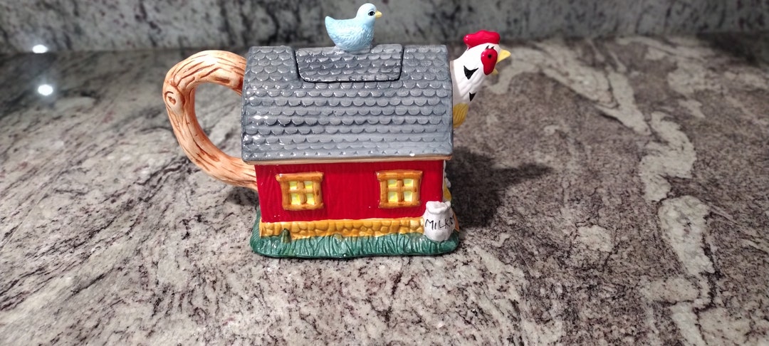 Ceramic Red Barn Teapot Rooster Spout - Etsy