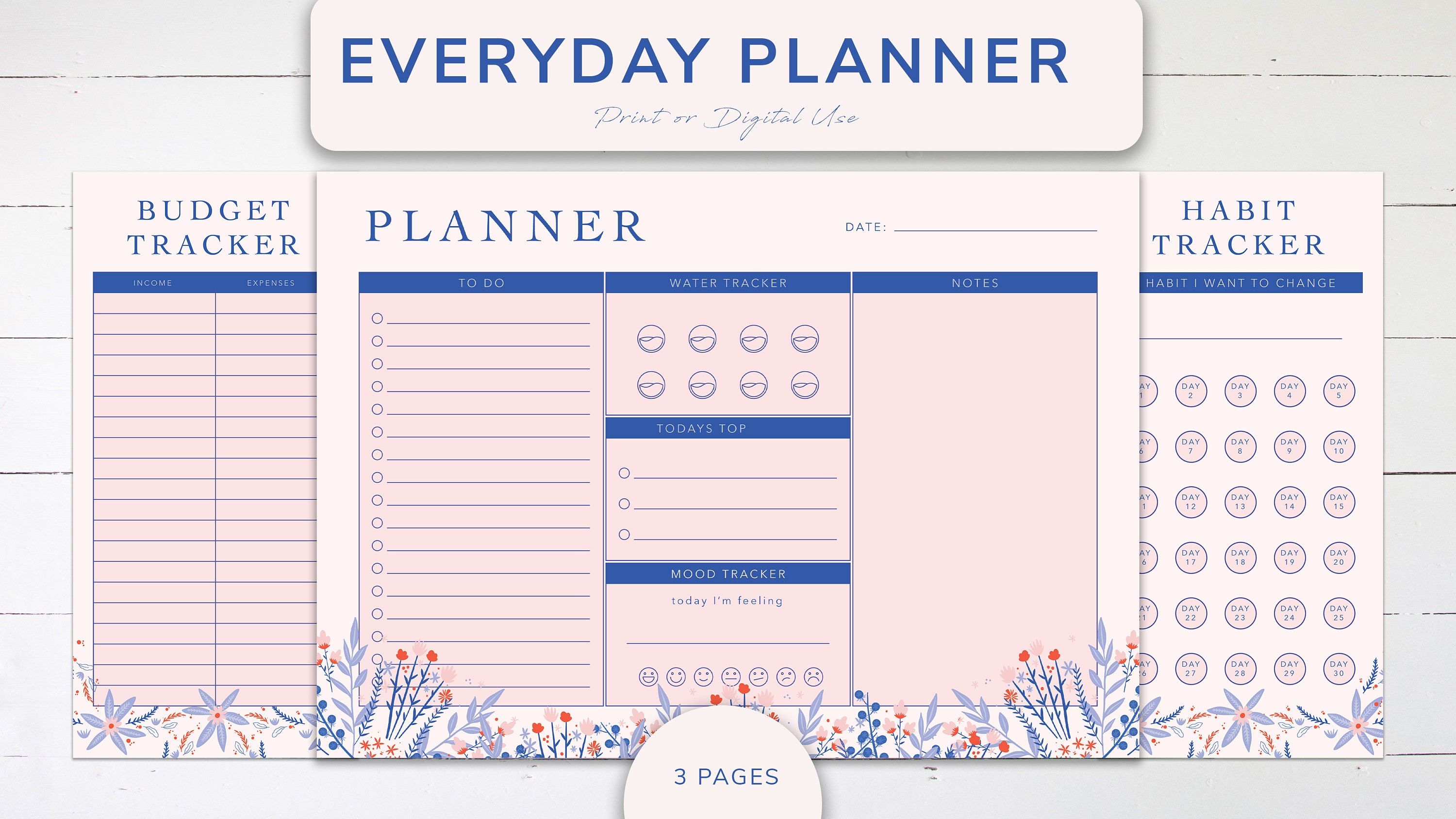 Everyday Printable Horizontal Planner, Budget Planner, Daily Planner ...