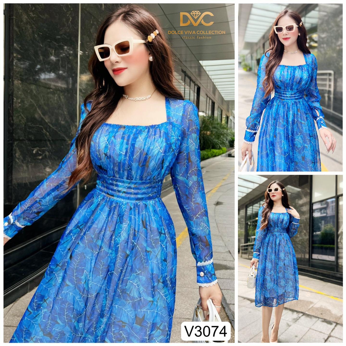 Elegant Blue Long Sleeves With Leaf Patten Printed, Dress for Women in ...