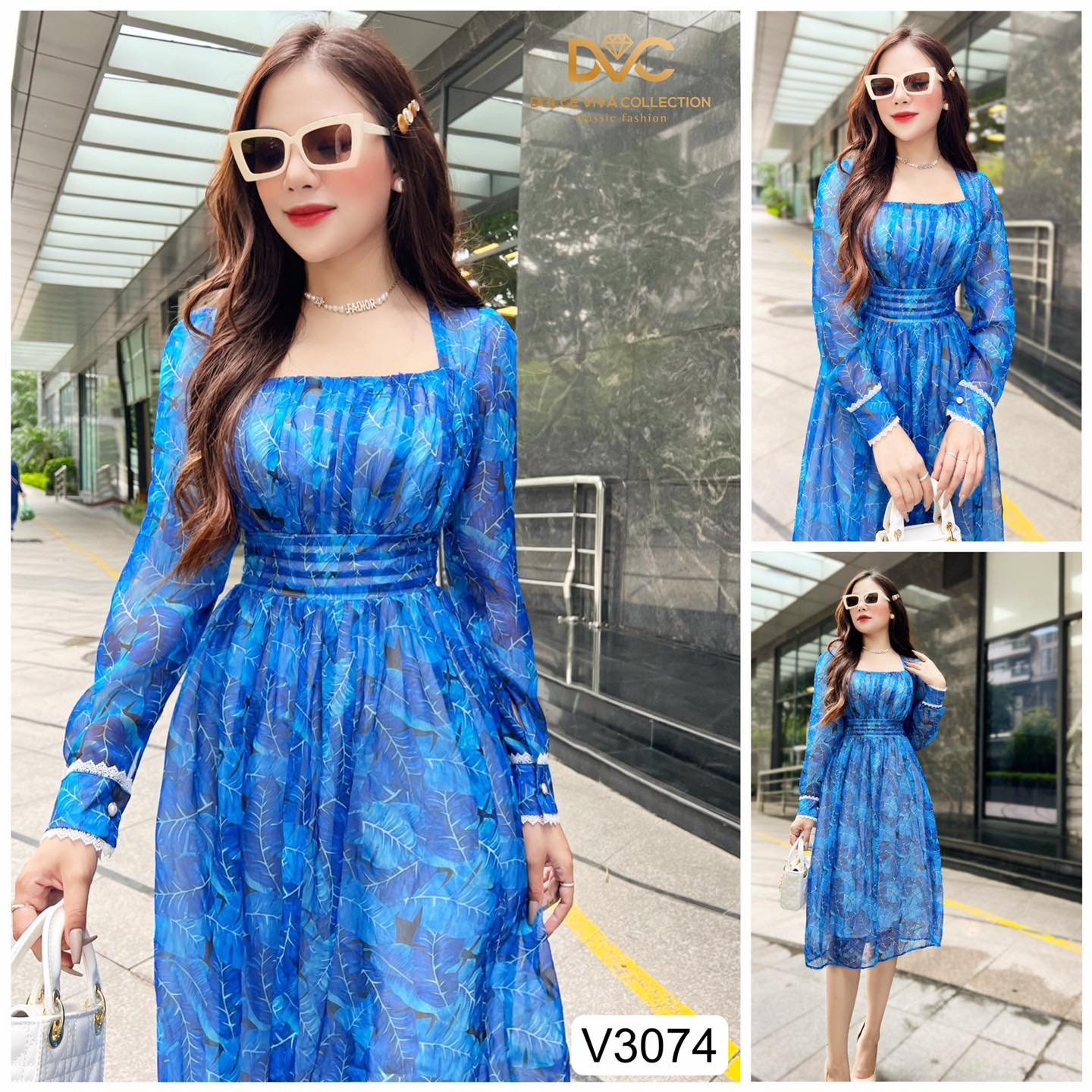 Elegant Blue Long Sleeves With Leaf Patten Printed, Dress for Women in ...