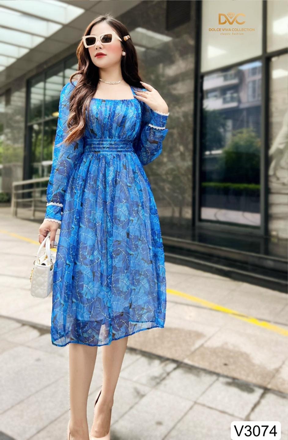 Elegant Blue Long Sleeves With Leaf Patten Printed, Dress for Women in ...