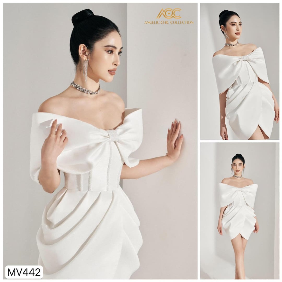 Elegant Women White Dress, off the Shoulder Bow Sleeves Shimmering Midi ...