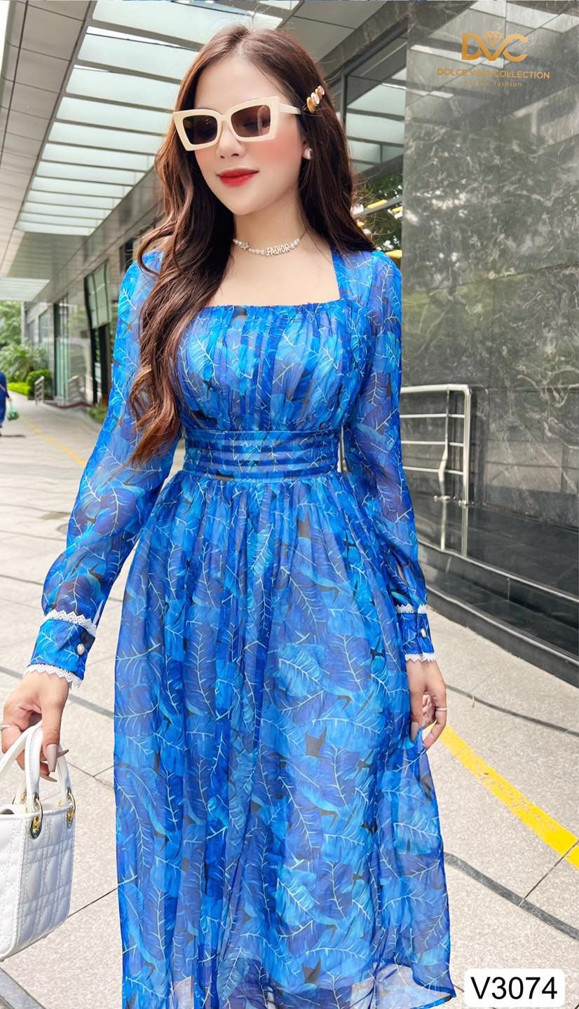 Elegant Blue Long Sleeves With Leaf Patten Printed, Dress for Women in ...
