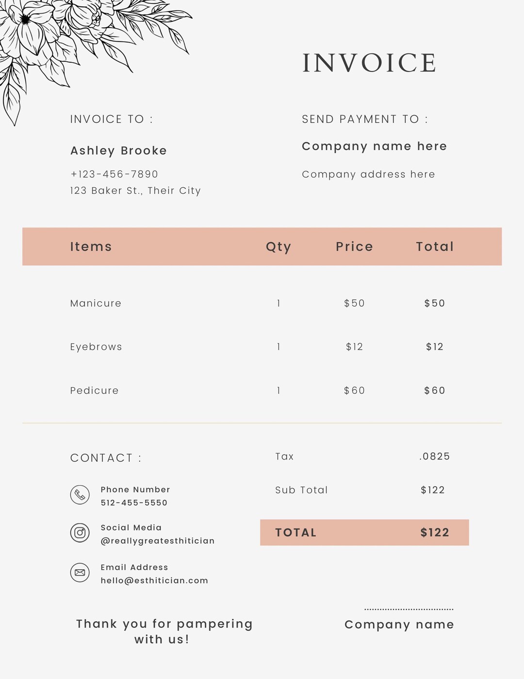 Beauty Invoice Form for Esthetician Supplies Template - Etsy