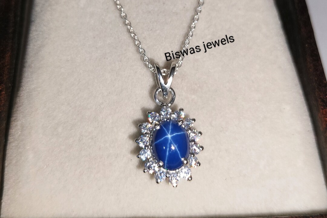 Handmade Sterling Silver Blue Star Sapphire Necklace, CZ Diamonds - Etsy