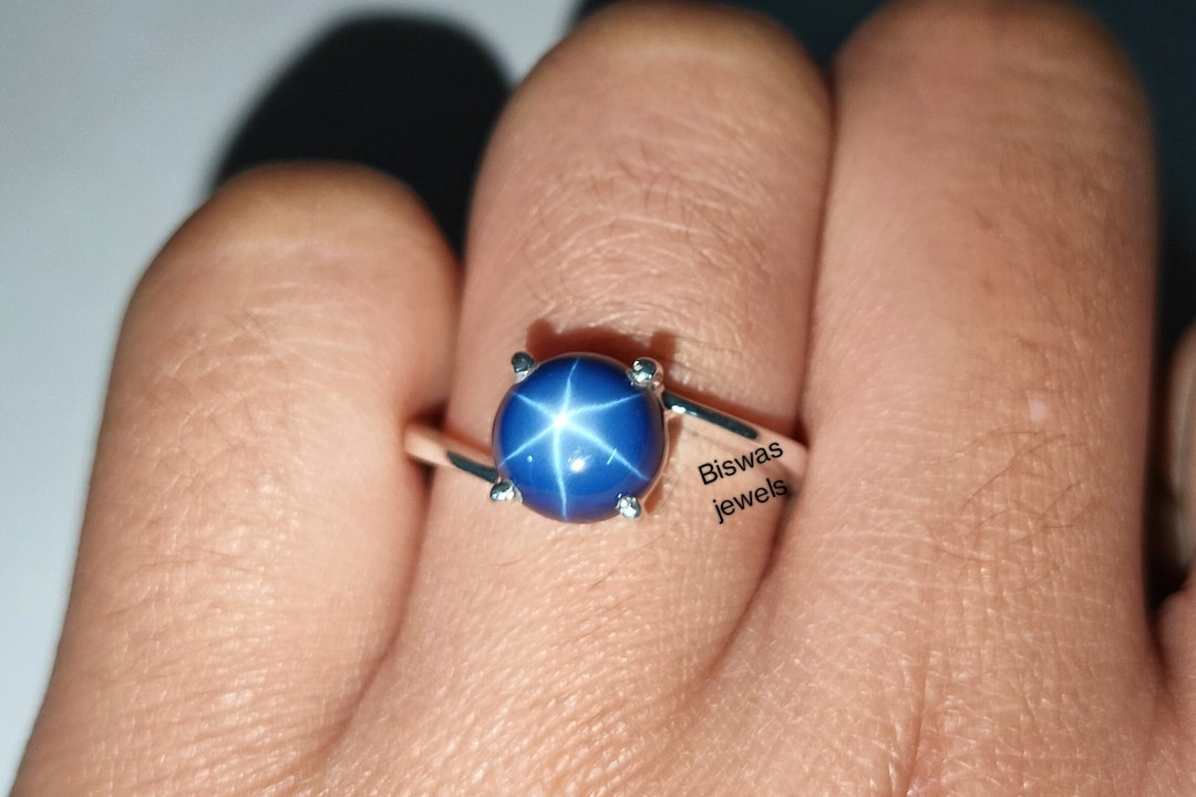 Vintage Blue Star Sapphire Ring, Round Cut Blue Lindy Star Ring, 925 ...