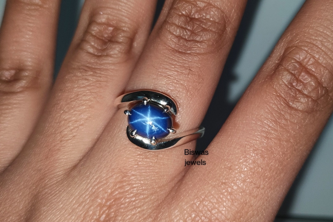 Oval Cut Stylish Blue Star Sapphire Ring, 925 Sterling Silver, 6 Rays ...