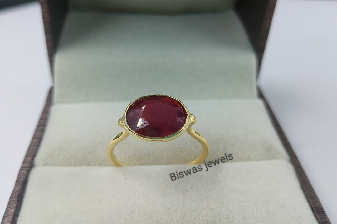 10K Yellow Gold Red Ruby Ring, Handmade Gold Ring, Lab Red Ruby ...