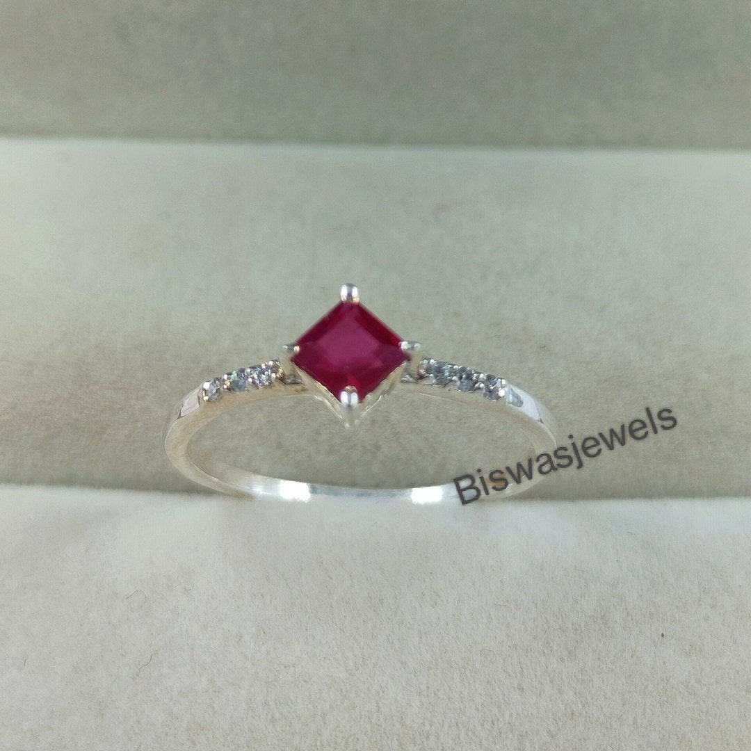 Natural Square Ruby Ring, Princess Cut Ruby Ring, 925 Sterling Silver ...