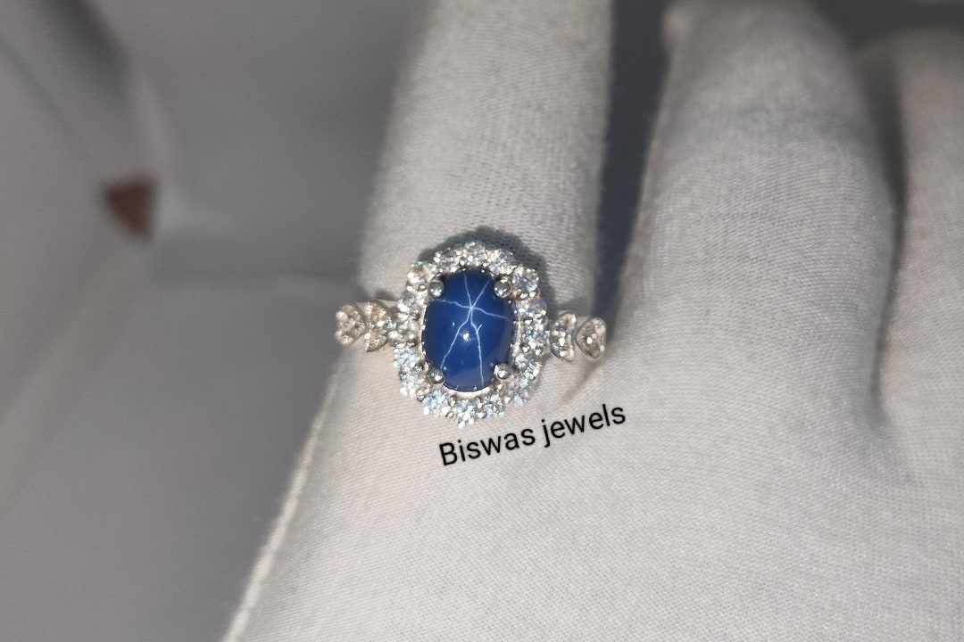 Handmade Sterling Silver Blue Star Sapphire CZ Cluster Ring - Etsy