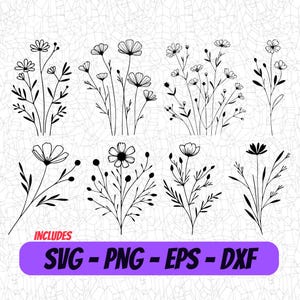 Wildflower SVG Bundle Hand-drawn Floral PNG, EPS, Dxfxf Designs for ...