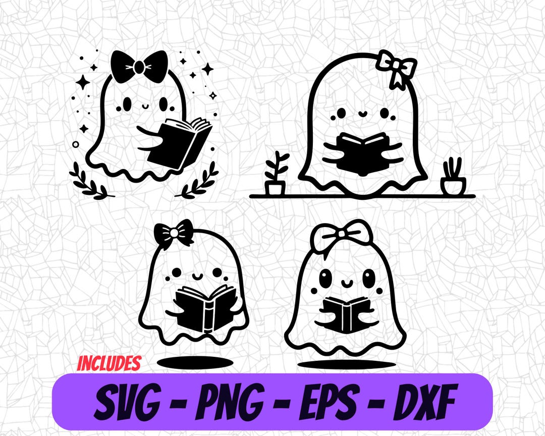 Cute Ghost Reading SVG Bundle | Adorable Ghost With Book Clipart | PNG ...