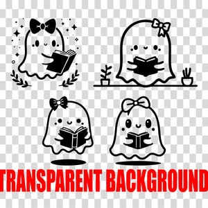 Cute Ghost Reading SVG Bundle | Adorable Ghost With Book Clipart | PNG ...