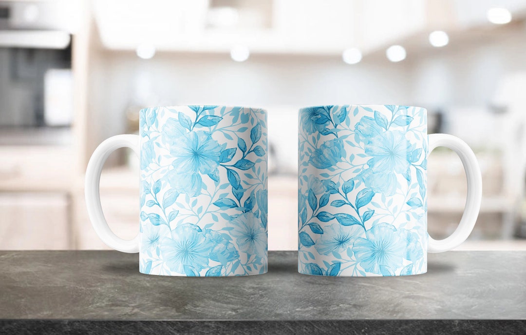 Blue Floral Mug Design, Sublimation Design for 11oz & 15oz Mugs, Coffee ...