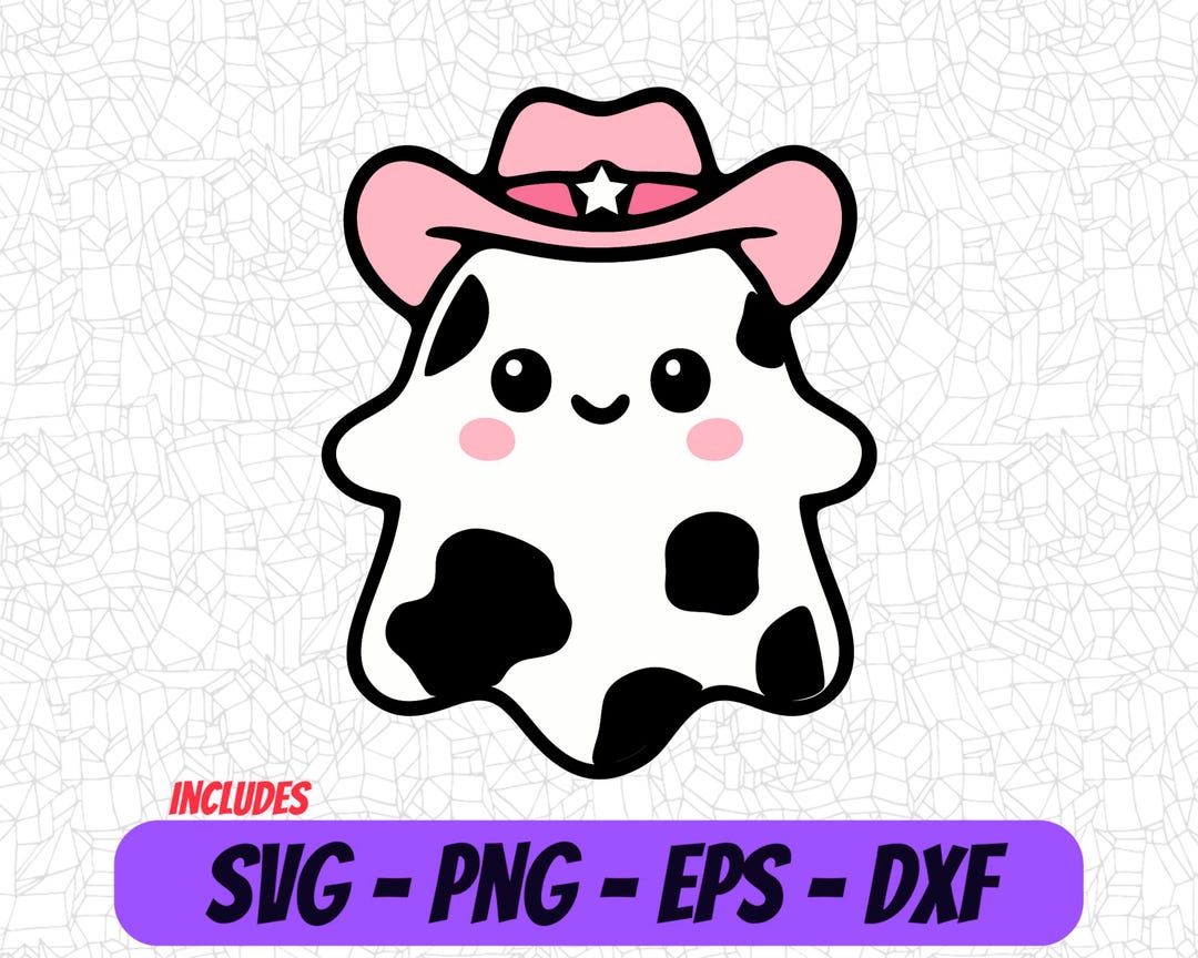 Cowboy Ghost SVG | Kawaii Cow-print Ghost With Pink Hat PNG, Eps, DXF ...