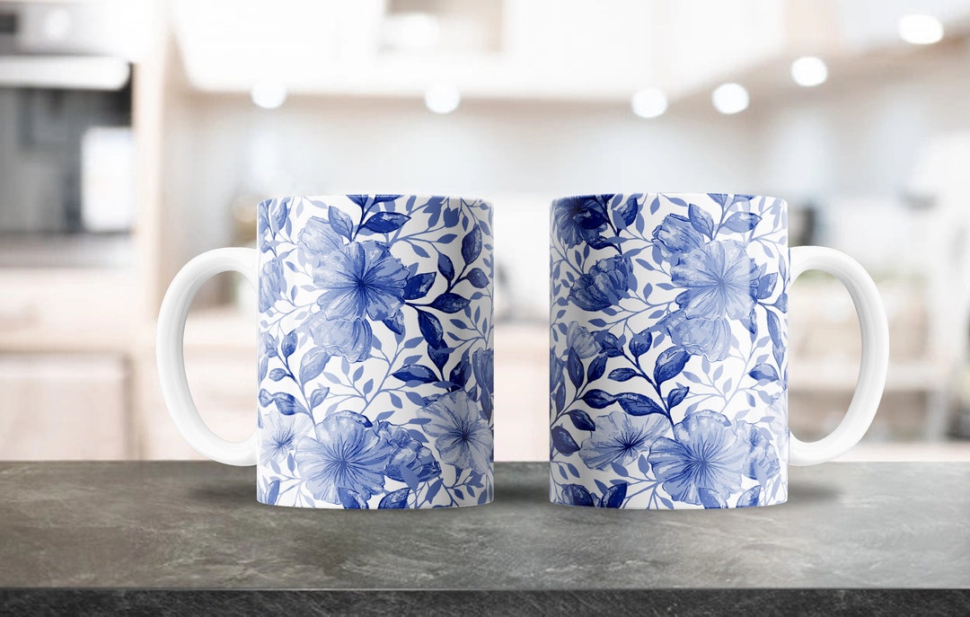 Blue Floral Mug Design, Sublimation Design for 11oz & 15oz Mugs, Coffee ...