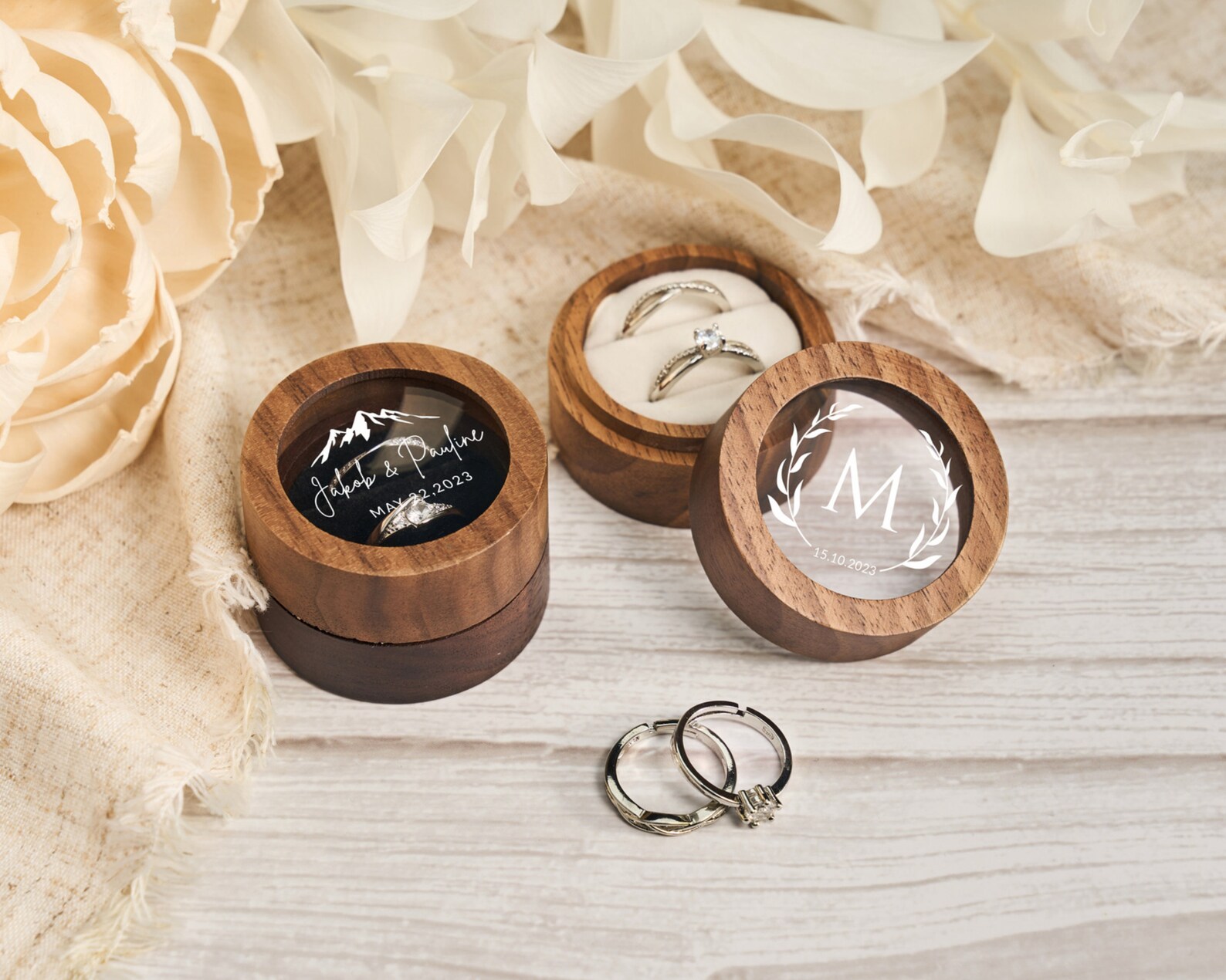 Personalized Double Ring Bearer Box for Wedding Gift,handmade Round ...