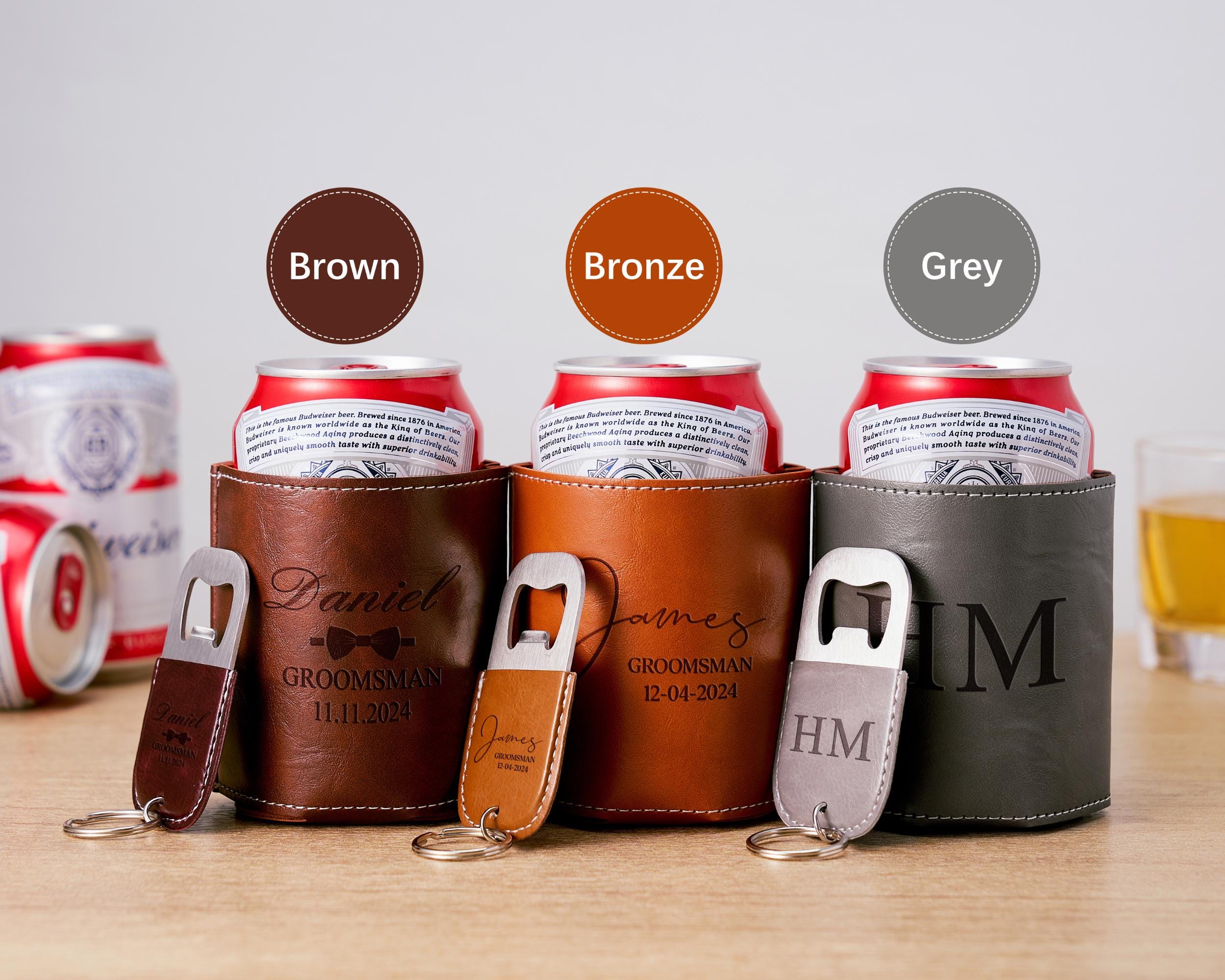 Engraved Leather Beer Can Holder With Leather Bottle Opener for Wedding ...