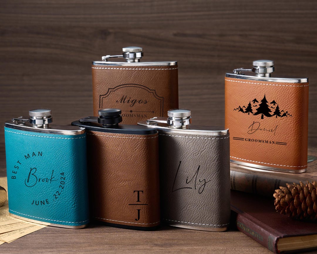 Custom Engraved Flask, 6oz Leather & Stainless Steel,personalized ...