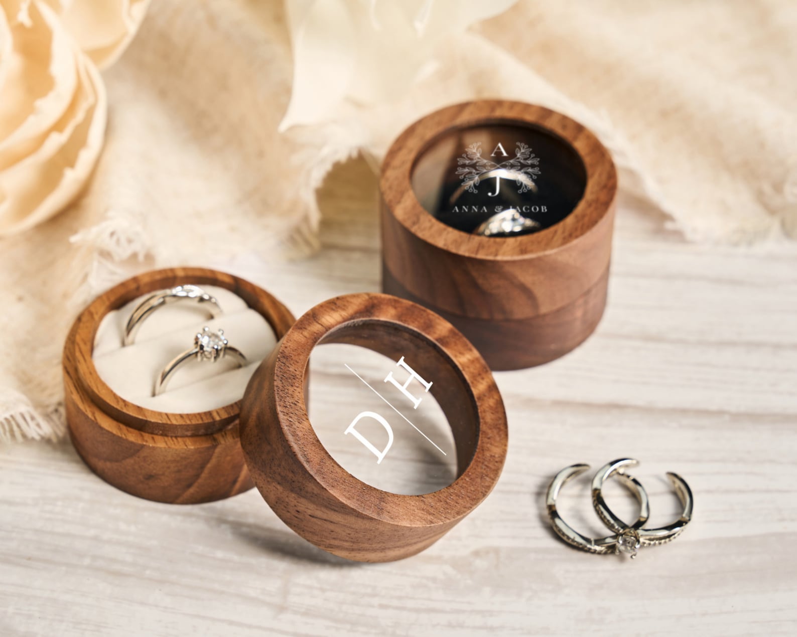 Personalized Double Ring Bearer Box for Wedding Gift,handmade Round ...