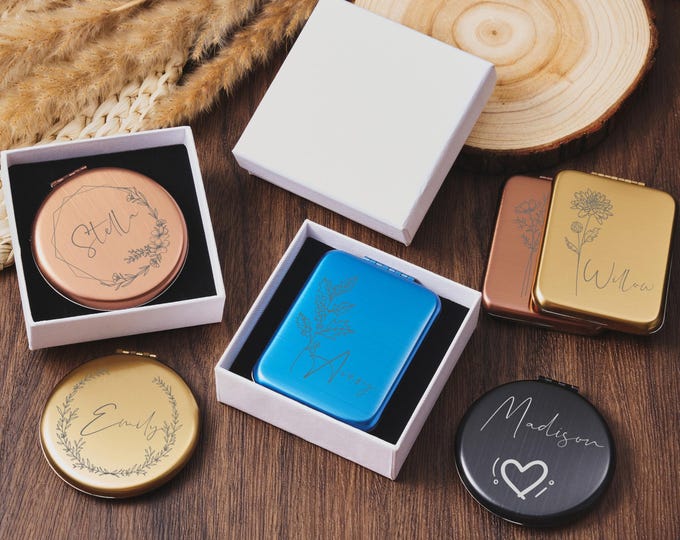 Personalized Birthday Flower Compact Mirror - Customizable Bridesmaid ...