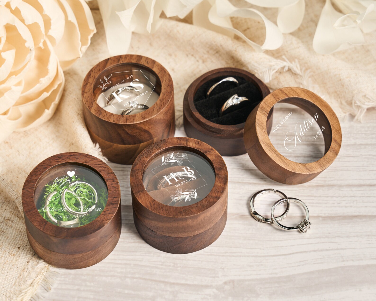 Personalized Double Ring Bearer Box for Wedding Gift,handmade Round ...