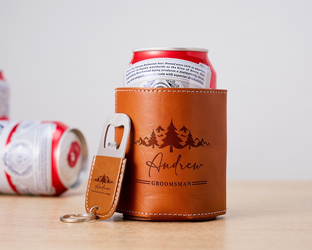 Engraved Leather Beer Can Holder With Leather Bottle Opener for Wedding ...