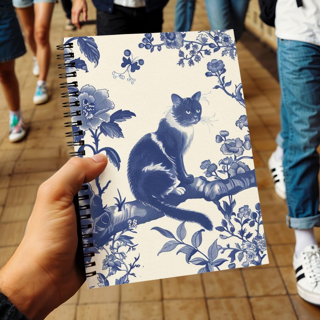 Blue Floral Cat 6x8" Spiral Notebook, Whimsical Feline Journal - Etsy