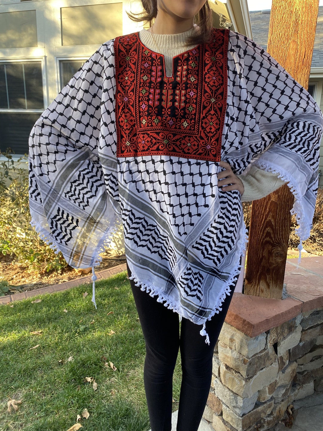 Traditional Palestinian Kufiya Tatreez Poncho | Palestine Keffiyeh ...