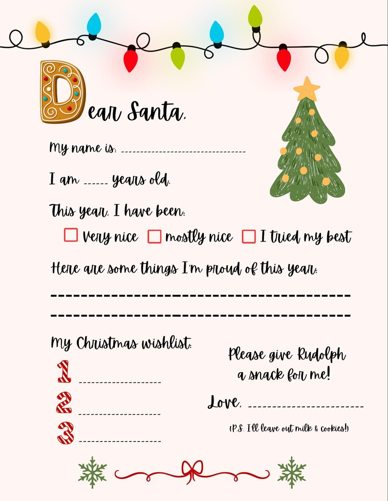 Letter to Santa Printable • Kids Christmas Activity • Santa Wish List ...