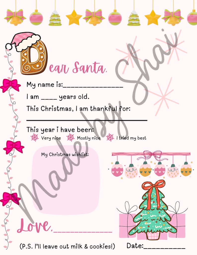 Pink Santa Letter Template • Printable Christmas Kids Activity • Cute ...