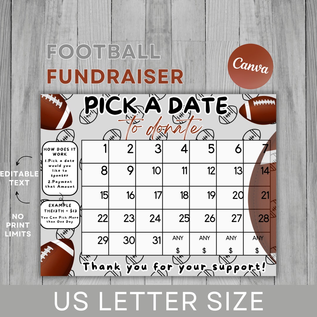 Editable Football Fundraiser Calendar, Pick A Date to Donate, Football ...