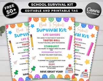 EDITABLE Back to School Survival Kit Gift Tags Back to School Treat Bag ...