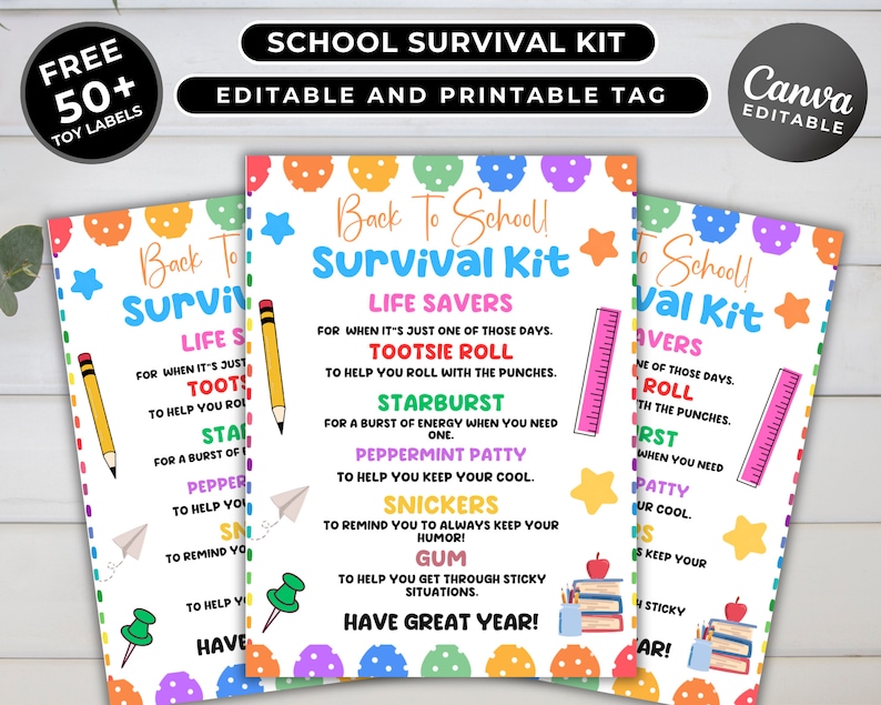 EDITABLE Back to School Survival Kit Gift Tags Back to - Etsy