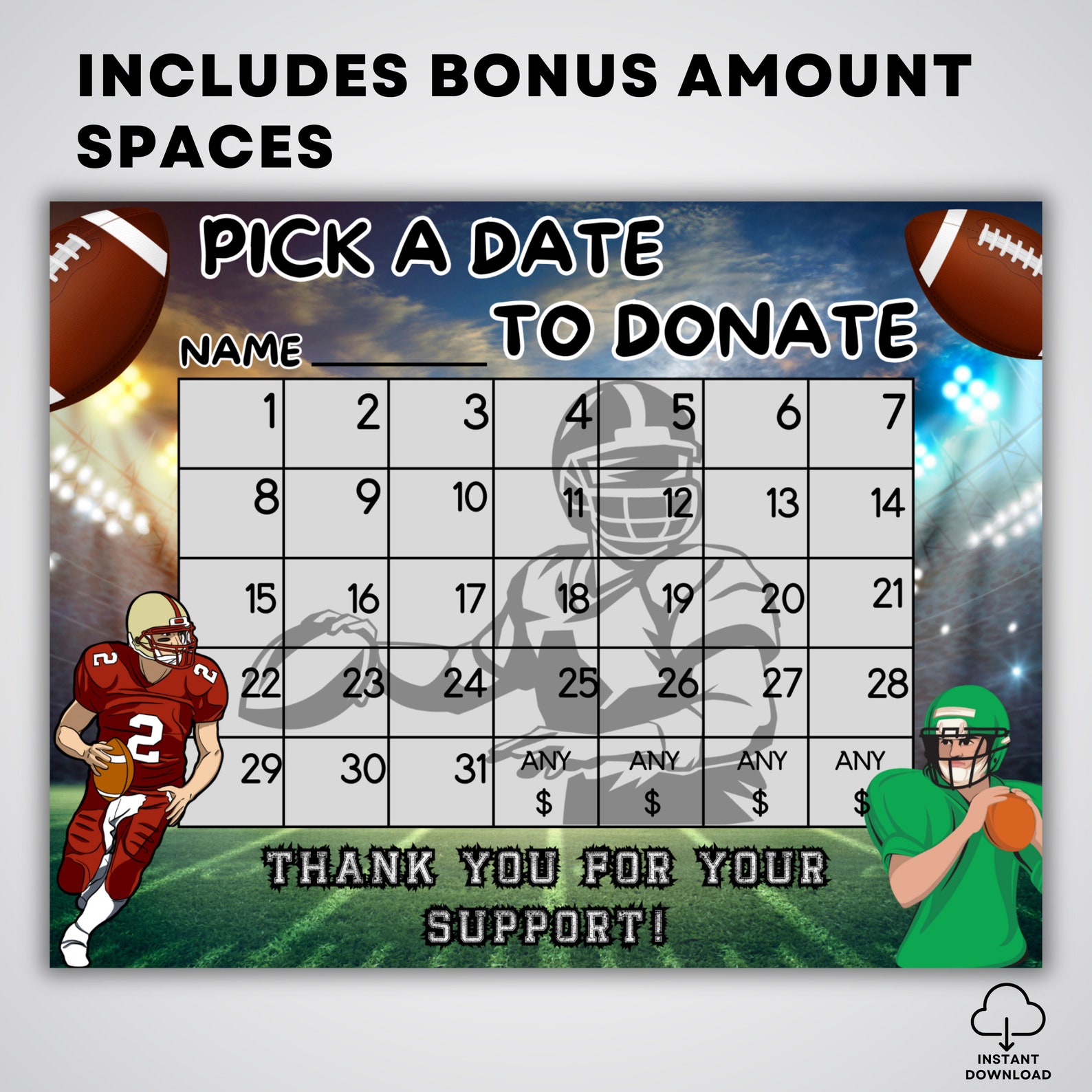 Football Fundraiser Calendar, Pick a Date to Donate, Football Calendar ...