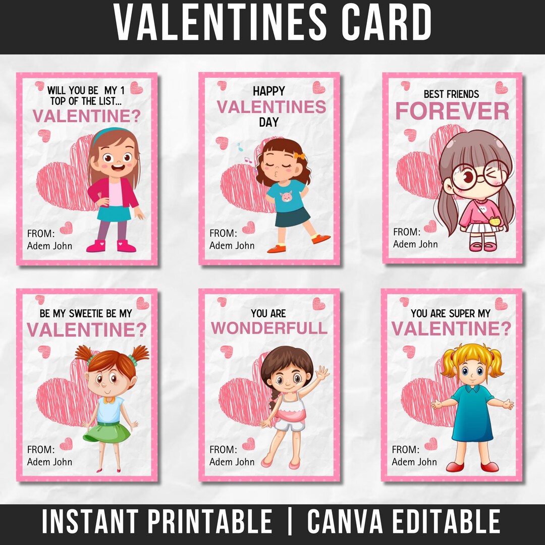 Class Valentines Card, Classroom Girls Valentines Card Set, Valentines ...