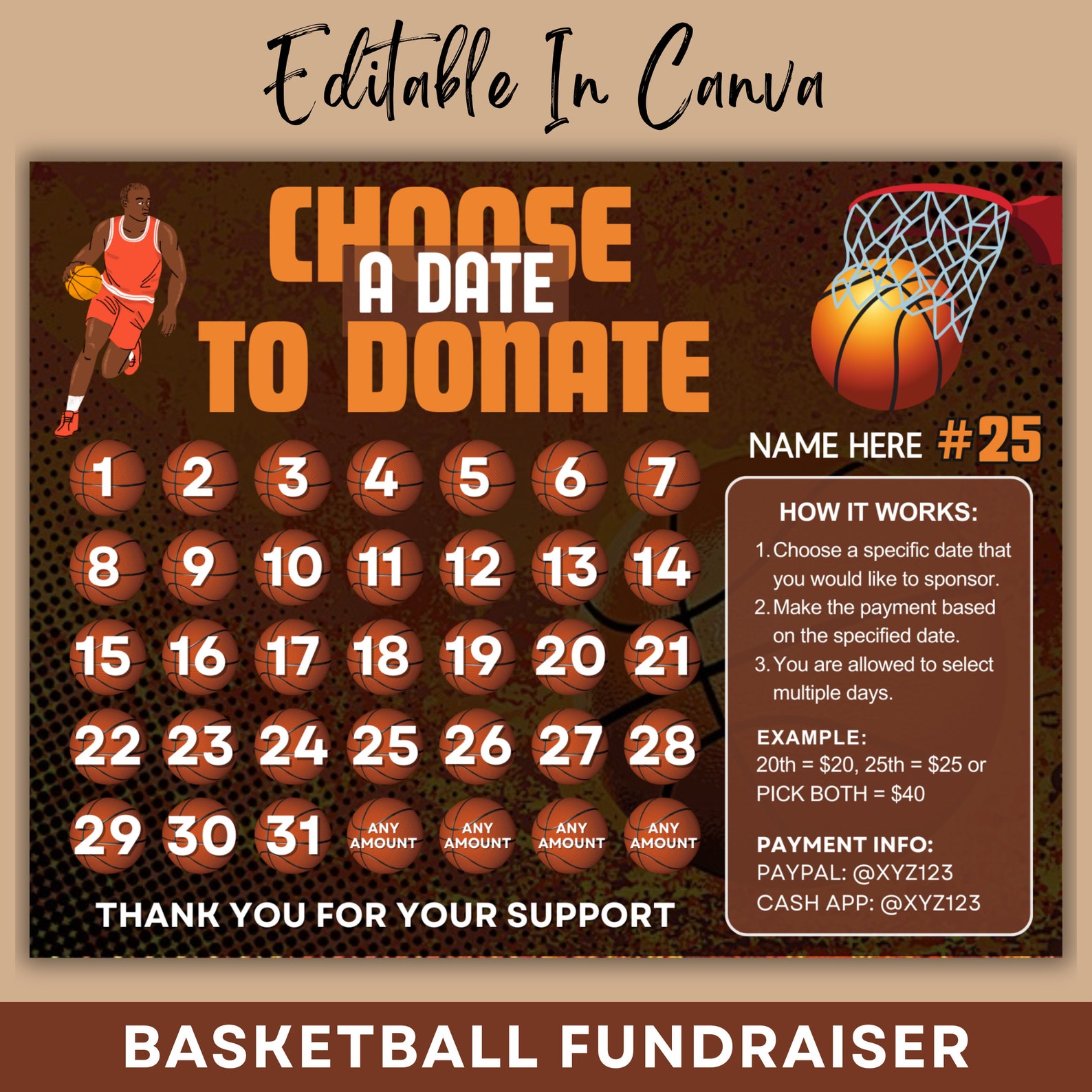Basketball Fundraiser Calendar, Pick a Date to Donate Basketball ...