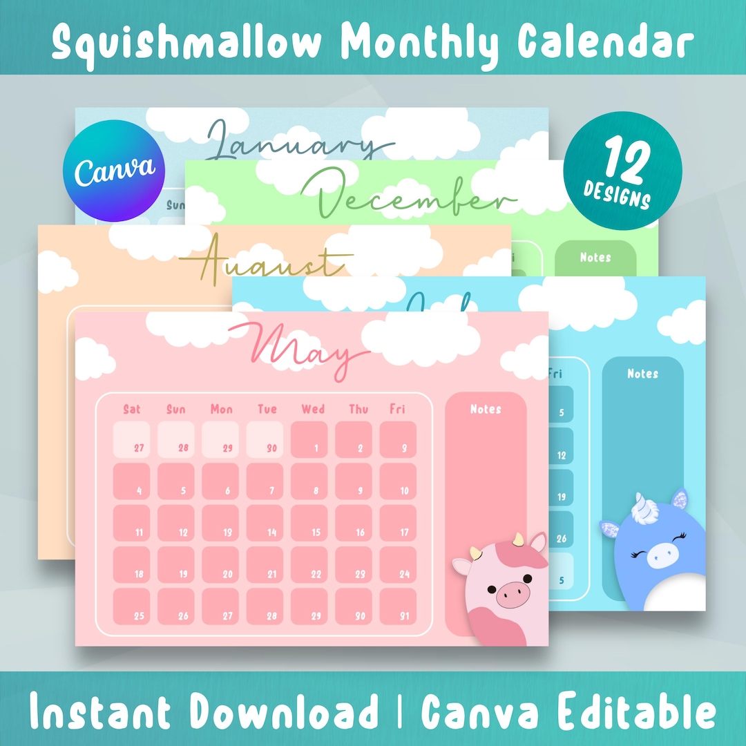 Squishmallows Monthly Calendar 2024 Squishmallow Calendar Template Cute ...